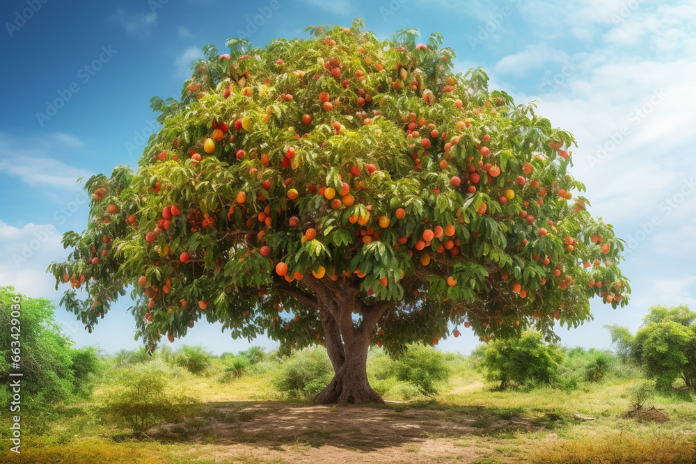 Mango tree with ripe mango fruits on blue sky background. Tropical ...