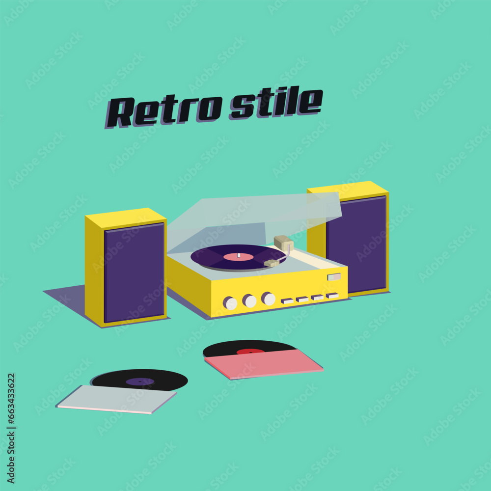 Set of 90s visual aesthetics, consisting of a vinyl turntable, acoustic ...