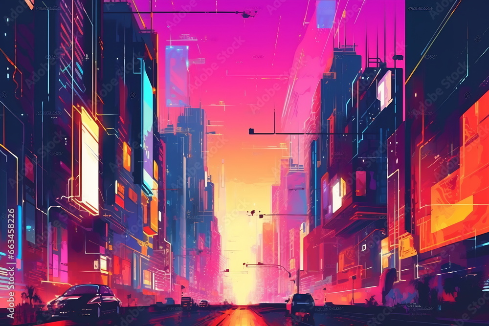 Retro futuristic city background. 80s sci-fi synthwave cityscape Stock ...