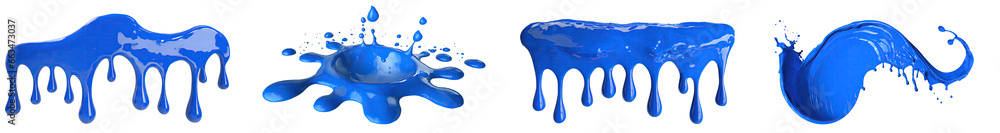 Collection of blue paint splashes, falling or melting with violet or ...