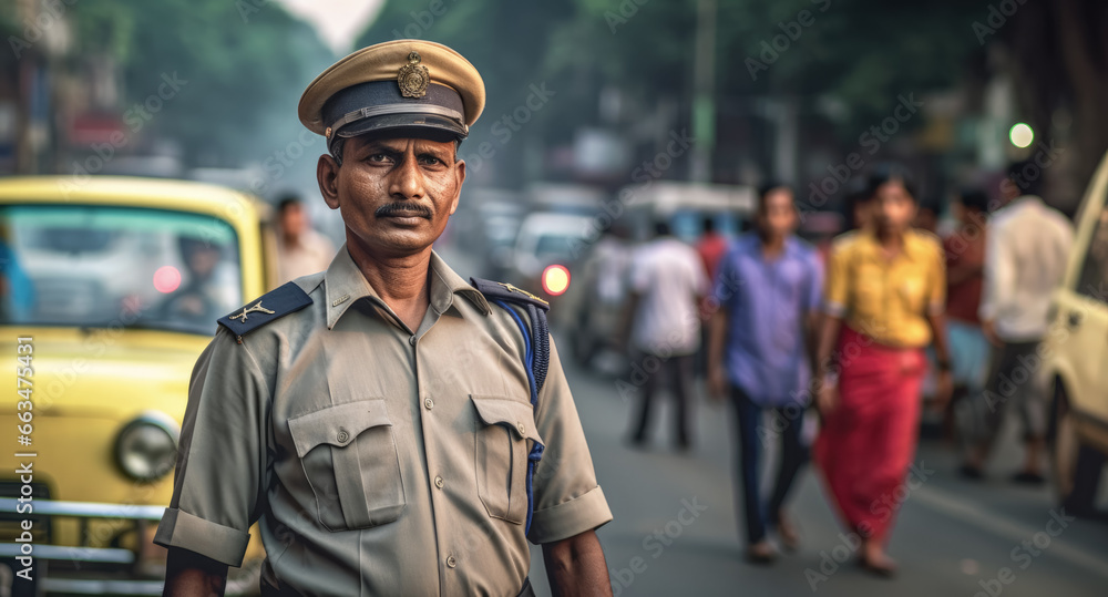 Indian man working as police officer or cop, closeup portrait, blurred ...