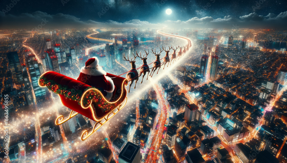 Santa Claus is delivering kids presents on reindeers, sleigh fly over ...