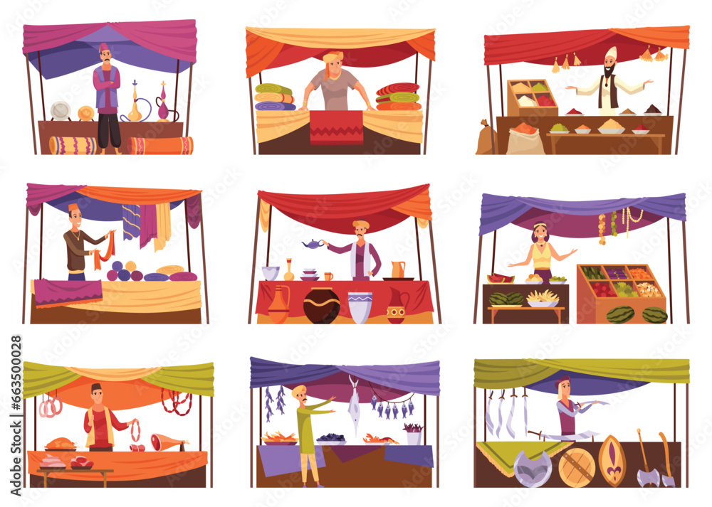 Asian street market or bazaar in old eastern city icon set. Cartoon ...