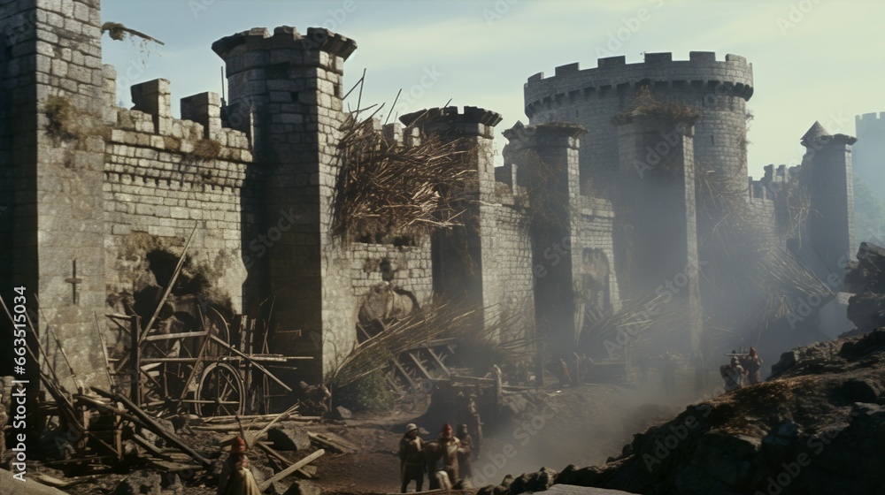 Medieval castle under siege by catapults and ladders and battering rams ...