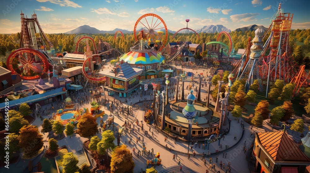 highly detailed, lifelike aerial perspective of a bustling amusement ...
