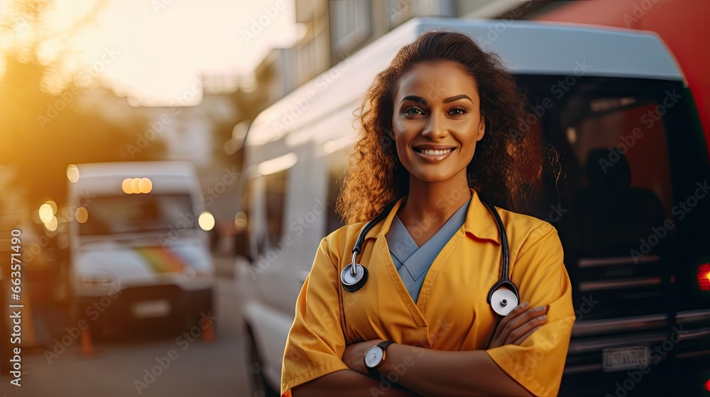 Female paramedic in orange uniform poses next to a white ambulance van ...