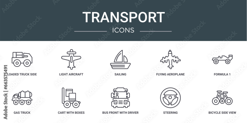 set of 10 outline web transport icons such as loaded truck side view ...