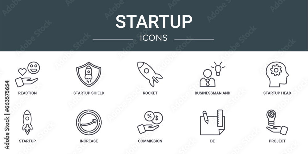 set of 10 outline web startup icons such as reaction, startup shield ...