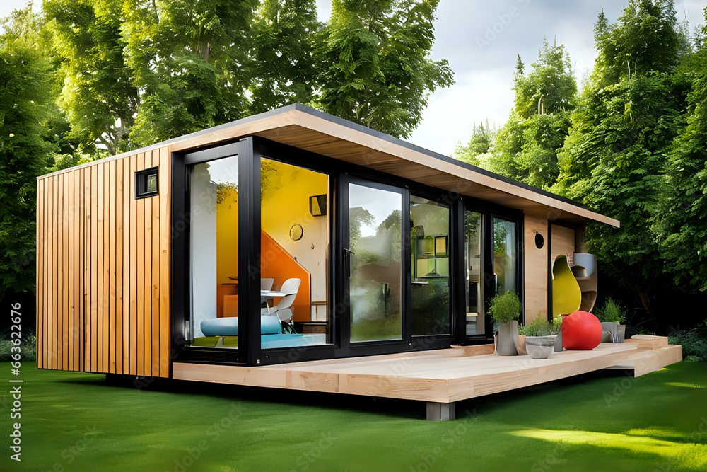 Modular tiny houses of modern architecture with garden and green eco ...