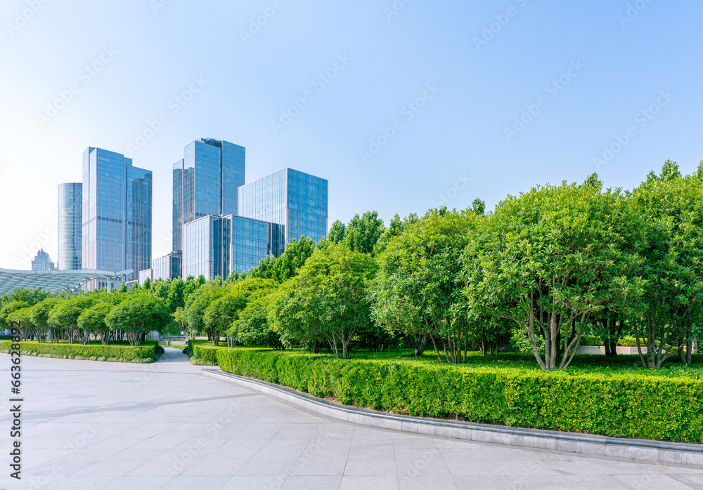 The green belt of Shanghai Bund Park and the skyline of urban ...