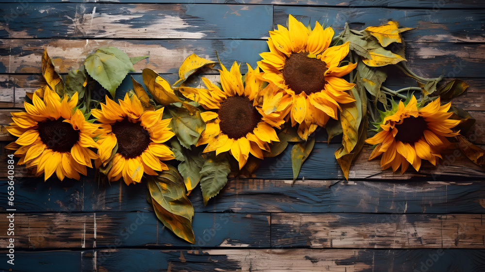 bouquet of yellow sunflowers withered on western texture flaking paint ...