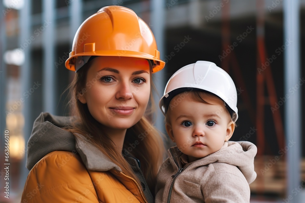 An architect mother and her baby, wearing a construction helmet, visit ...