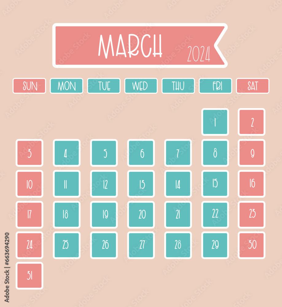 March 2024 monthly calendar design with thin font where week starts ...