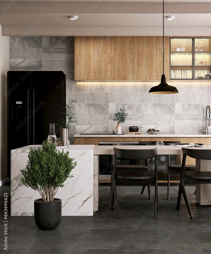 Dining table in luxury kitchen with cabinet, cupboard, refrigerator ...