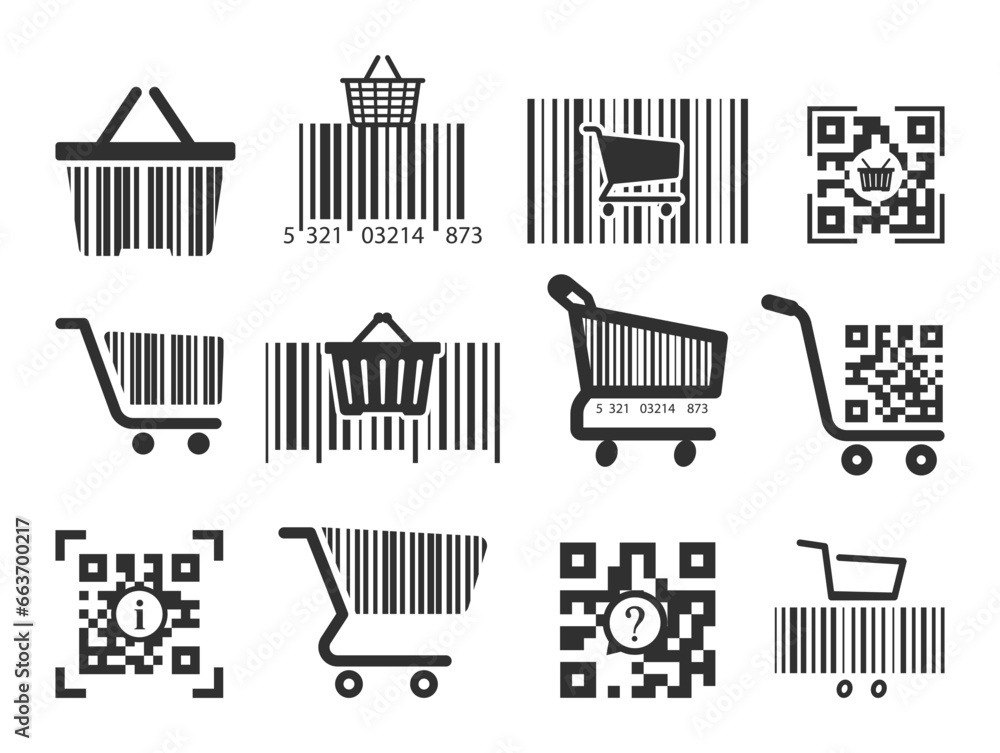Barcode QR code scan bar label goods inventory badge for shop set ...