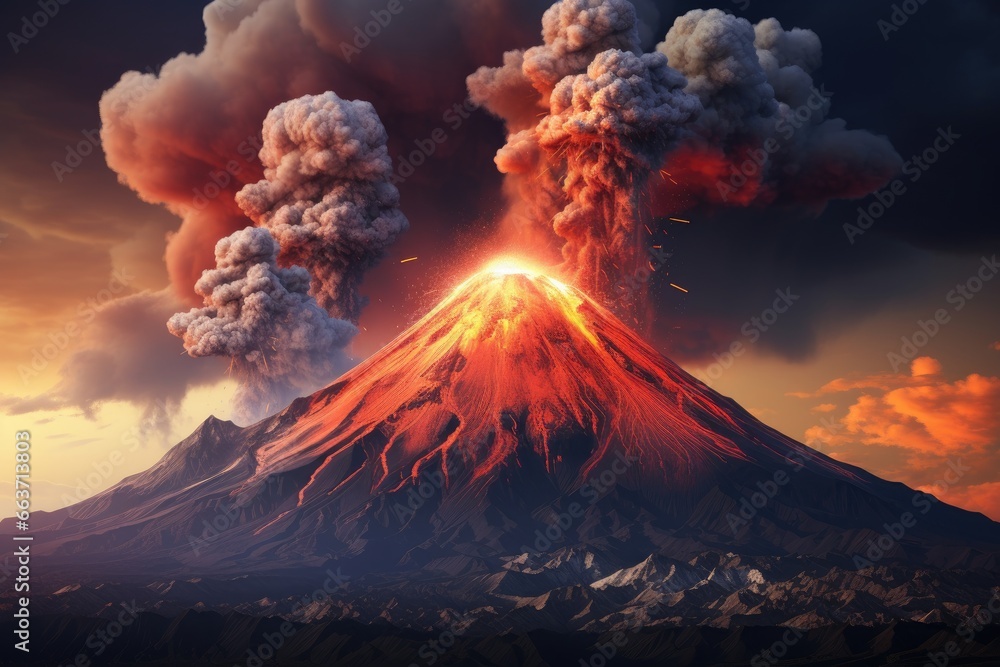 Volcanic eruption at sunset. 3D illustration. Nature background ...