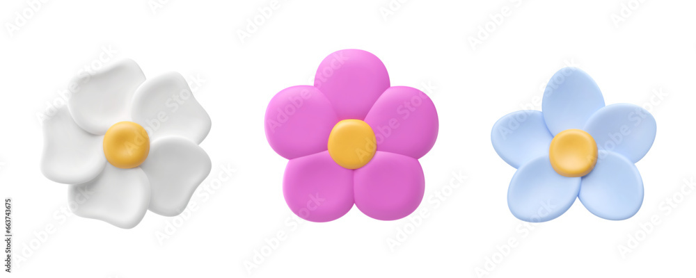 Plasticine flowers. 3d vector illustration. Simple floral volumetric ...