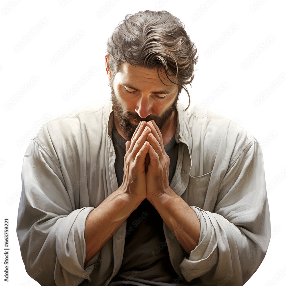 Caucasian man praying with hands together, on transparent background ...