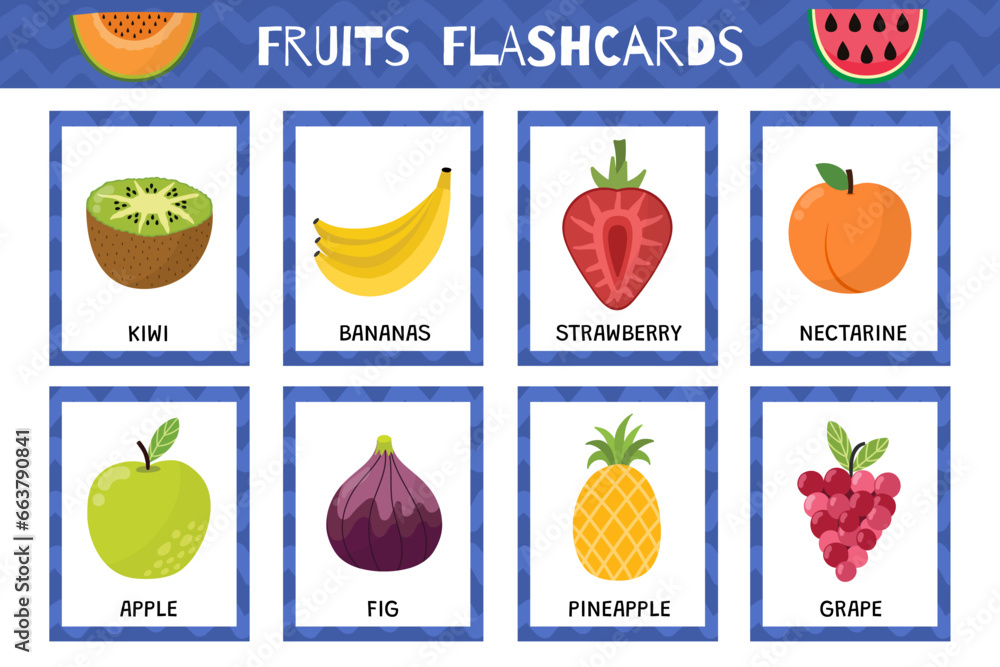 Fruits flashcards collection. Flash cards for practicing reading skills ...
