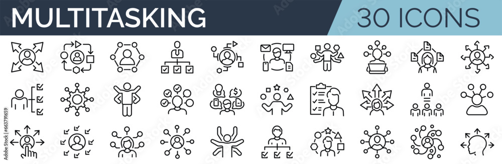 Set of 30 outline icons related to multitasking. Linear icon collection ...