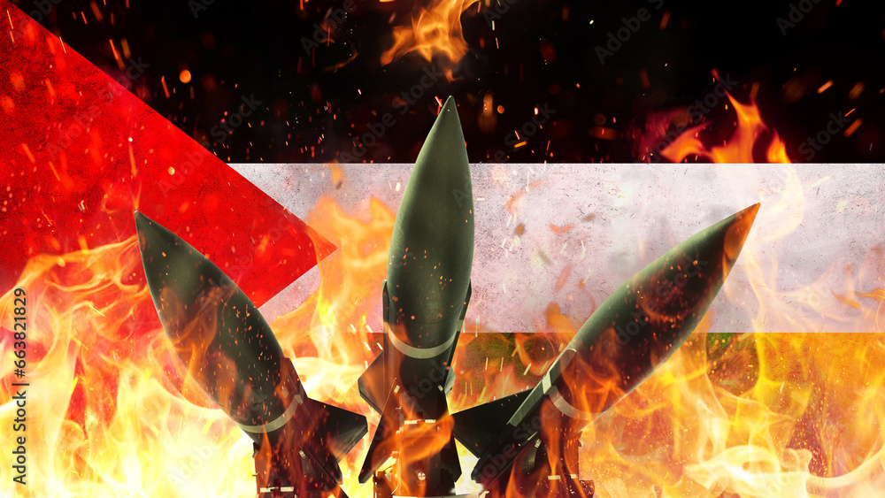 Palestinian flag and missile weapons on fire with sparks, concept. War ...