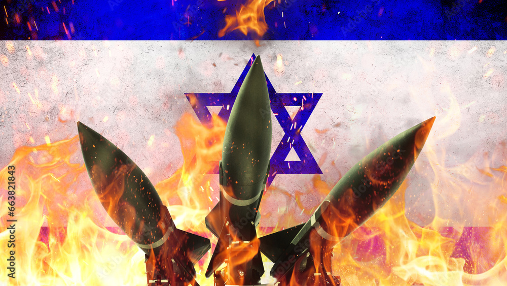Shock missiles weapons and air defense on a background of Israel flag ...