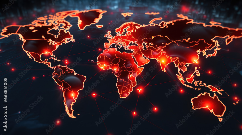 A cyber attack map with red hotspots, revealing global cyber threats in real-time Stock Photo ...