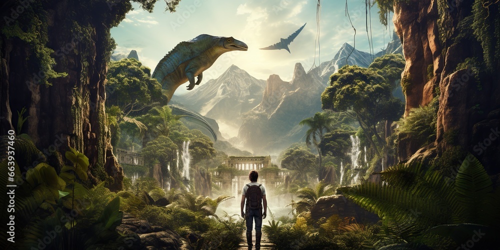 Back view of a time traveler entering a vivid prehistoric scene ...