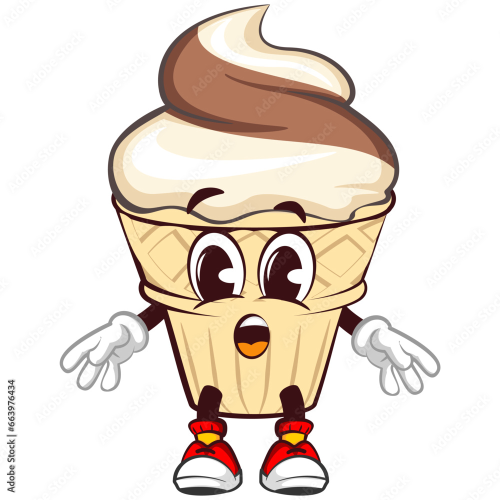 character mascot of ice cream cone with funny surprised face, isolated ...