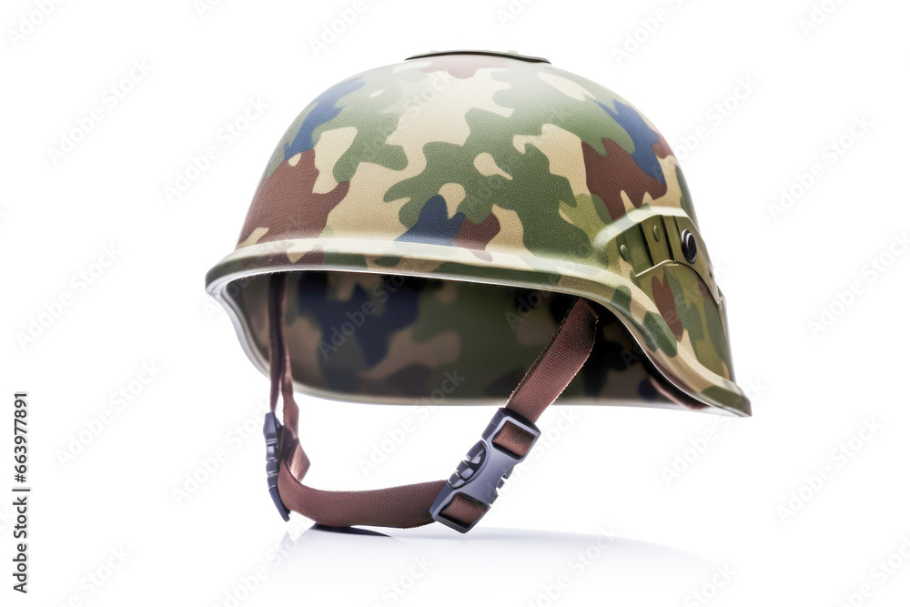 military helmet, complete with a combat strap, serving as a vital ...