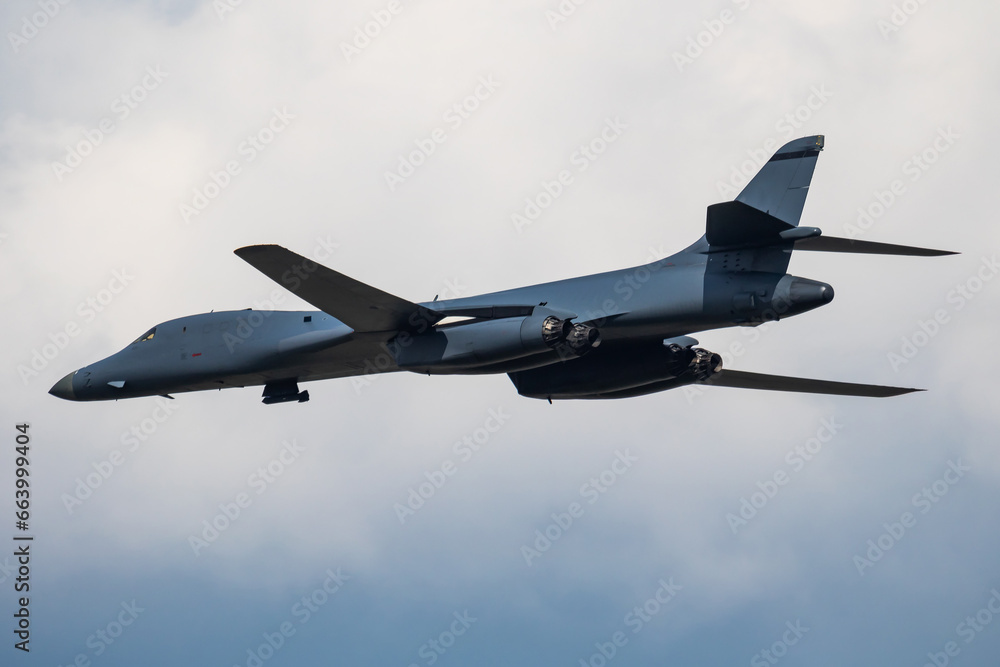 Strategic bomber plane at air base. Air force and army. Airport and ...