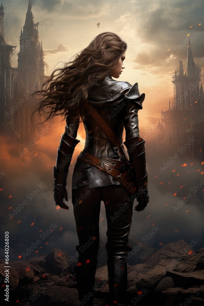 Ilustración de Stock Pretty brunette warrior looking over her shoulder ...