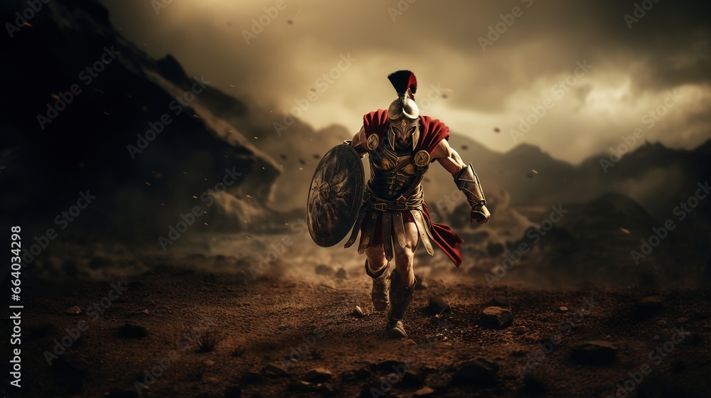 Generative AI, Realistic illustration of a fierce gladiator attacking, running. Armoured roman ...