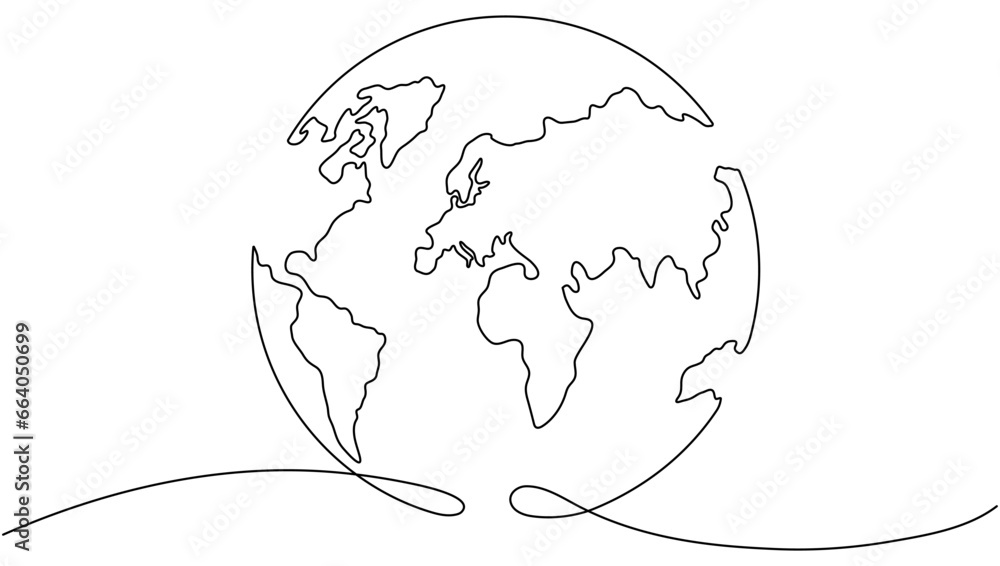Earth continuous line drawing symbol. World map one line art. Earth ...