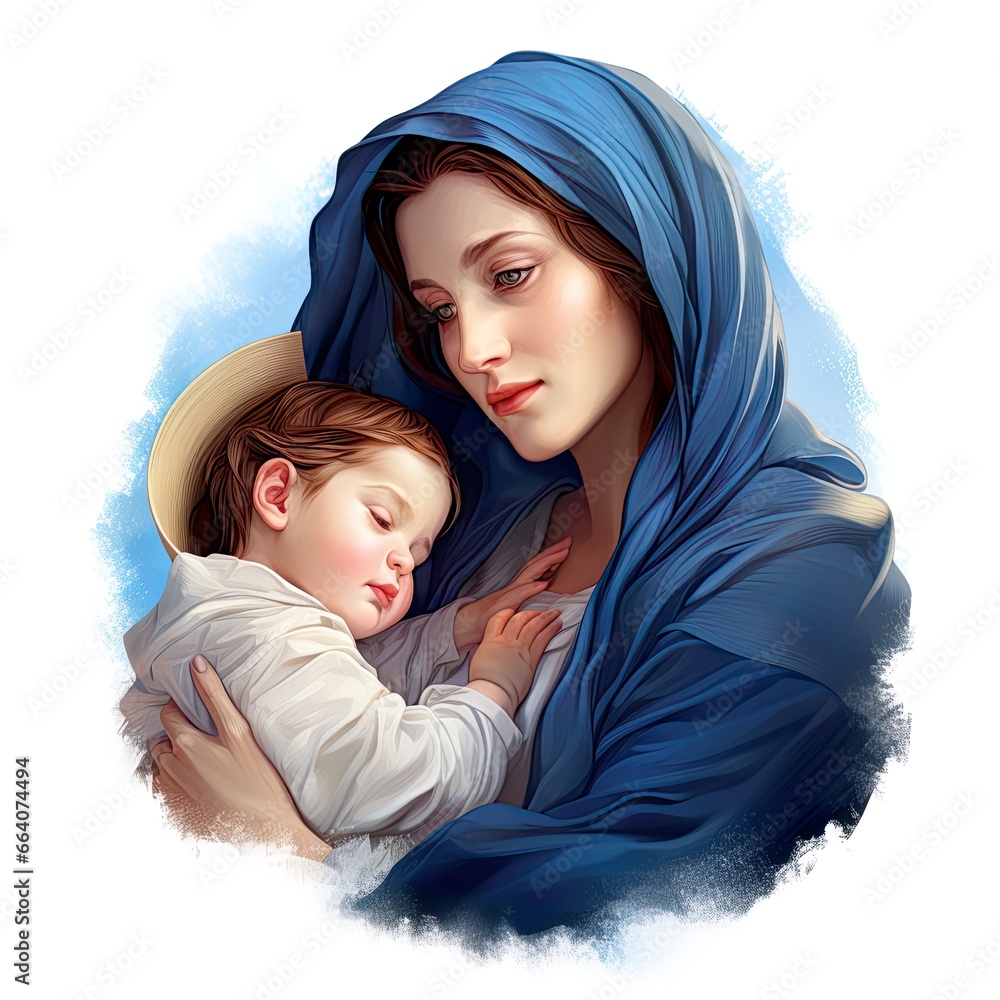 Holy Mary smiling and holding, hugging her infant. Baby Jesus cuddling ...
