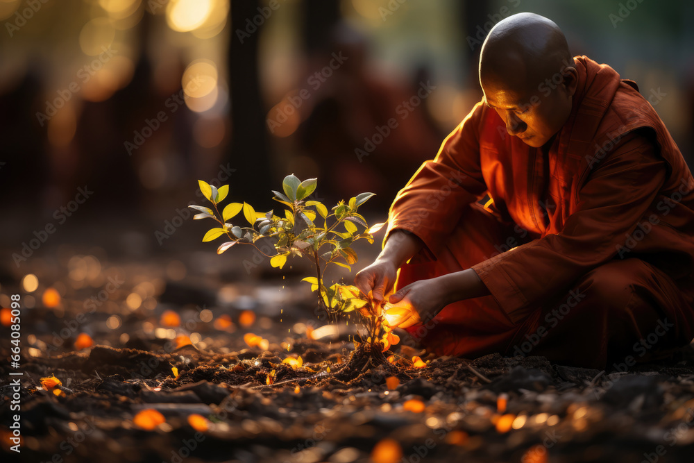 A Bodhi tree sapling being planted as a symbol of spiritual growth and ...