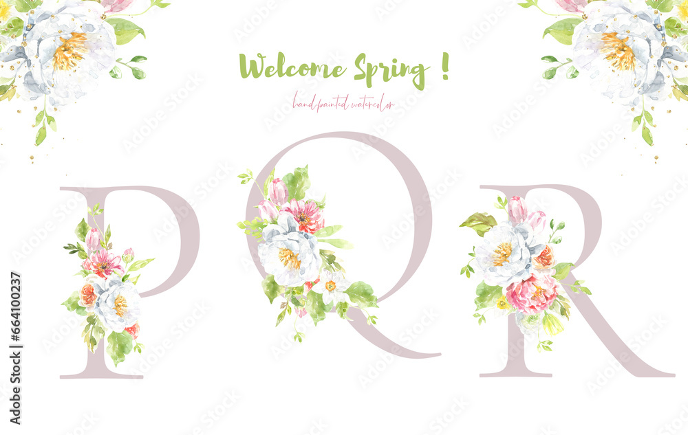 Watercolor blush dusty rose floral alphabet. Spring flowers letter G ...
