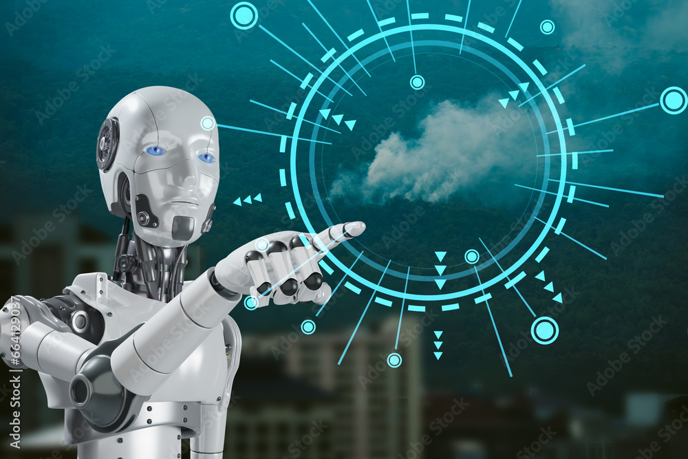 Net zero concept. AI, machine learning, robot hand touching. Net zero ...