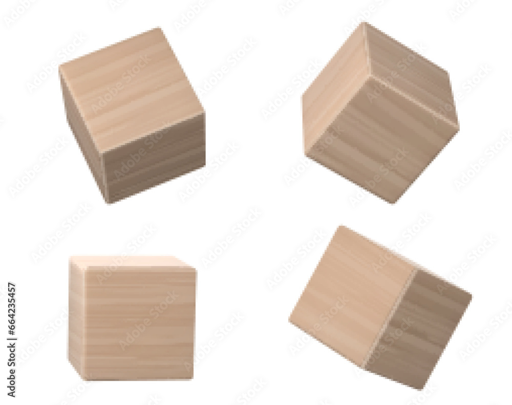 Wooden cube block for alphabet kids toy. 3d vector illustration of brown rectangular beam ...