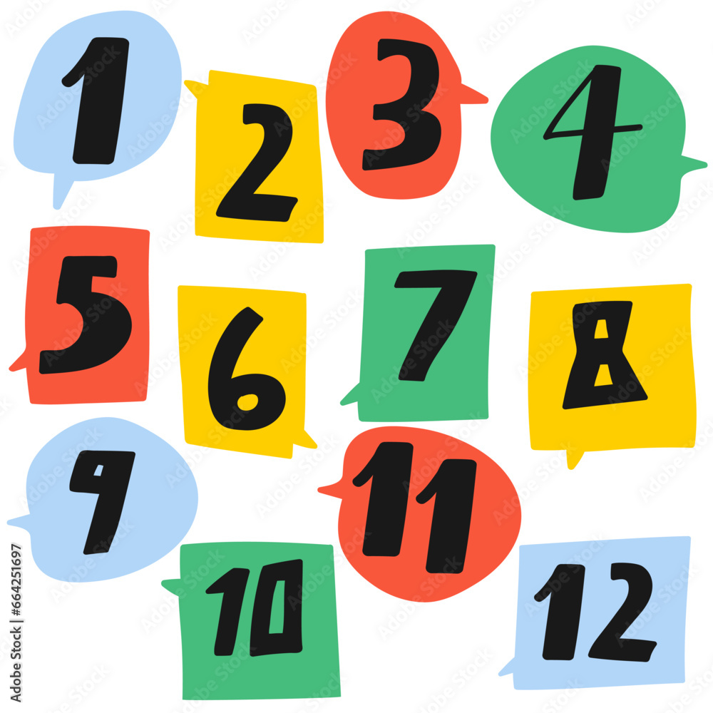 Numbers 1 - 12. Colorful speech bubbles. Learning to count for children ...