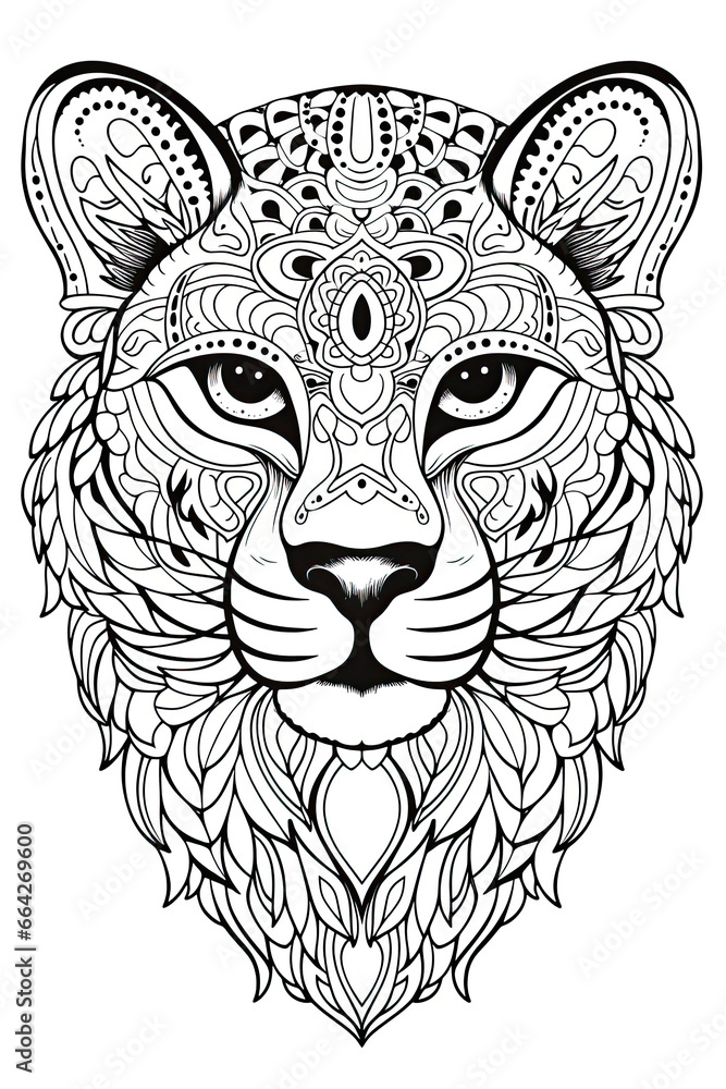 coloring page with mandala ornaments of a cheetah or tiger head in a ...