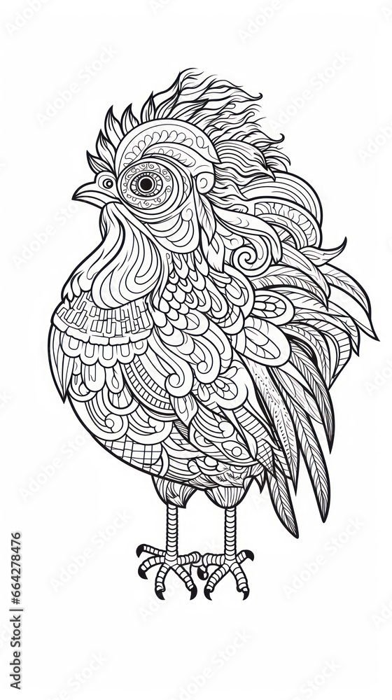 Cute chicken coloring page with mandala element in a line art hand ...