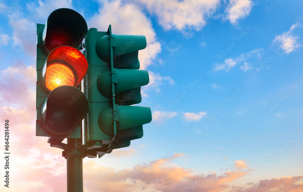 Green traffic light with burning yellow lamp supervisory road ...