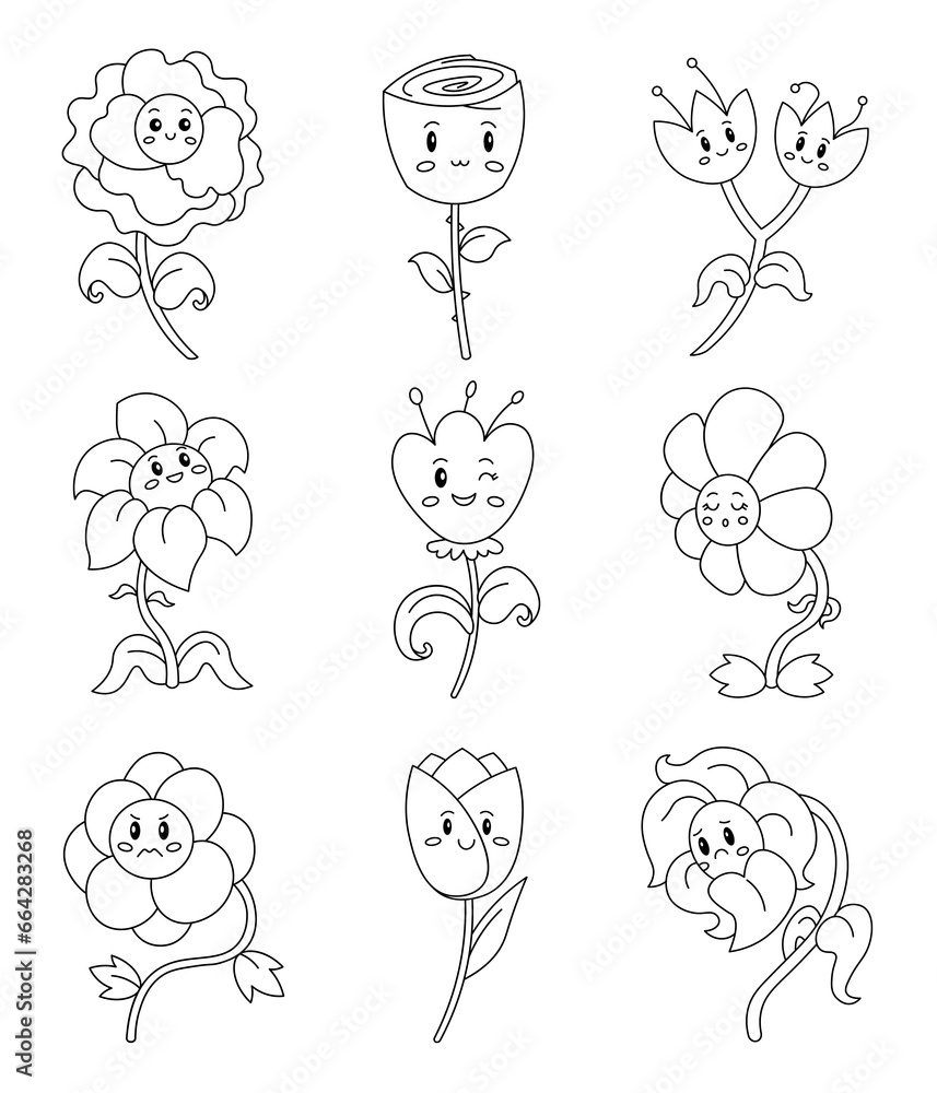 Cute flowers character. Coloring Page. Live plant kawaii bud. Vector ...