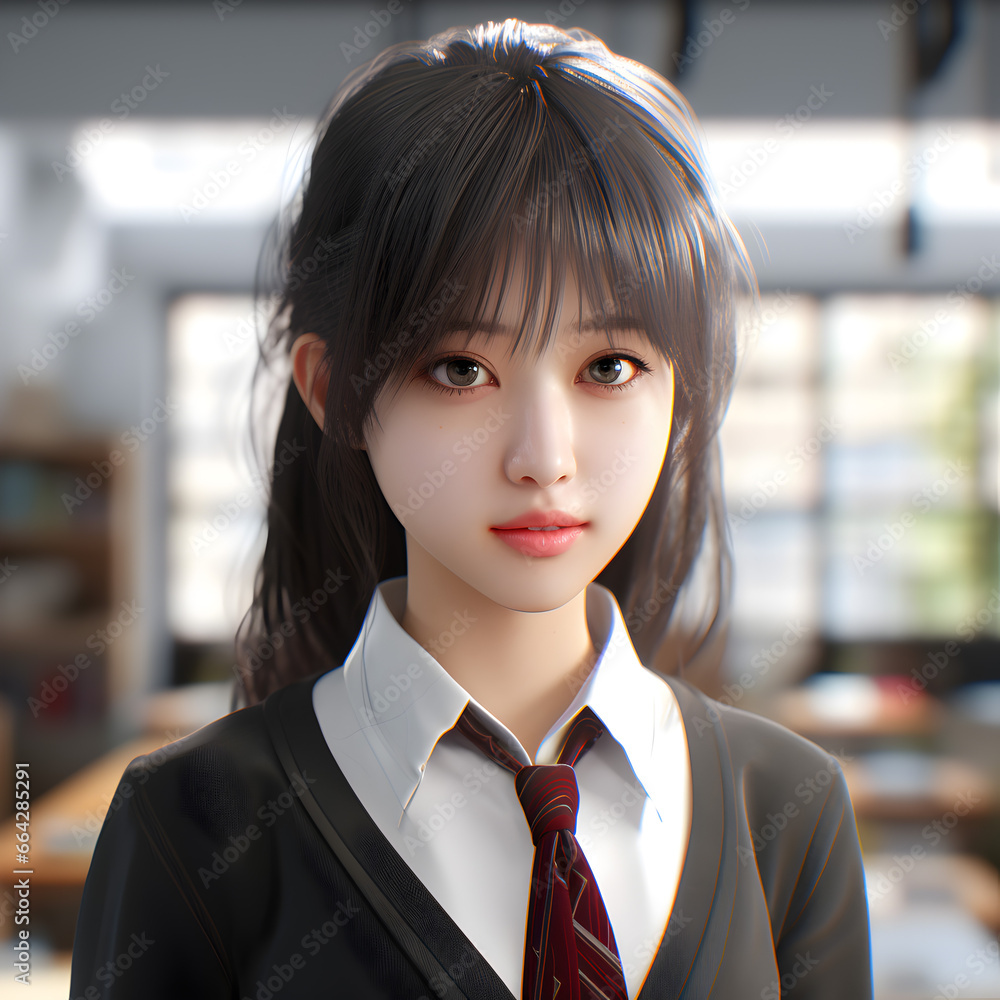 Japanese school girl 3d in the classroom Stock Illustration | Adobe Stock