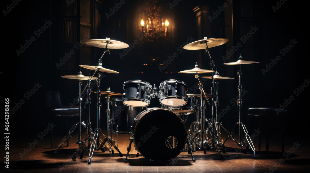 Drum set stands center stage in a dimly lit room, the spotlight casting ...