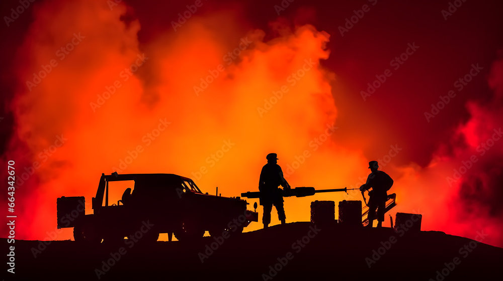 Soldiers and vehicle during battle with background of fire and smoke ...
