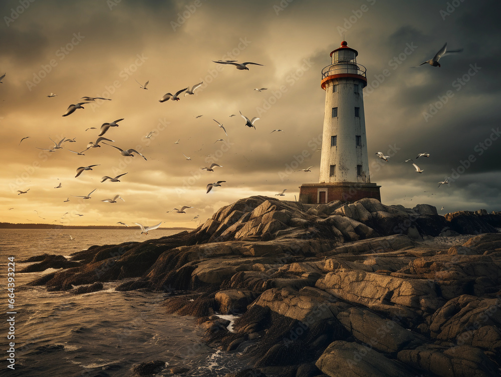 Vintage lighthouse on an isolated island, old - fashioned architecture ...