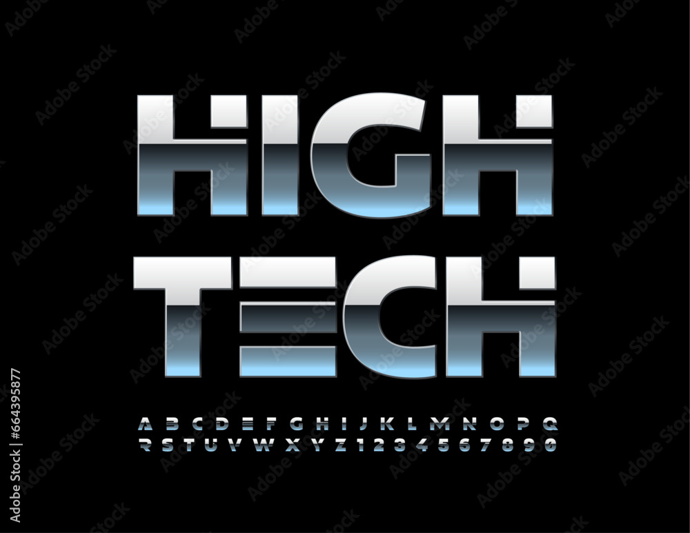 Vector chrome emblem High Tech. Trendy Metallic Font. Silver Alphabet ...