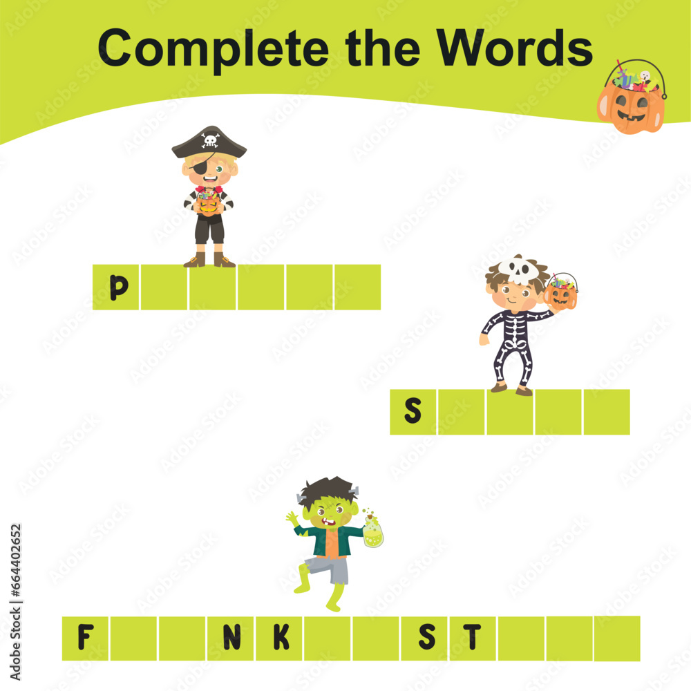 Complete the words worksheet with Halloween festival theme. Write the ...